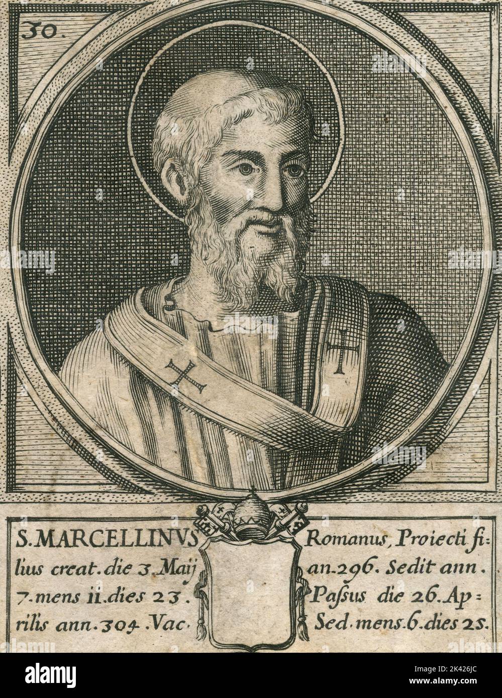 Portrait of Pope St. Marcellinus, engraving from the Summorum Romanorum ...