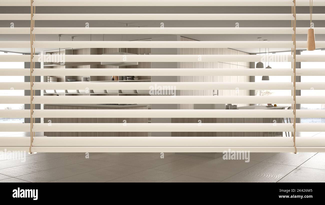 White venetian blinds close up view, over modern kitchen with cabinets ...