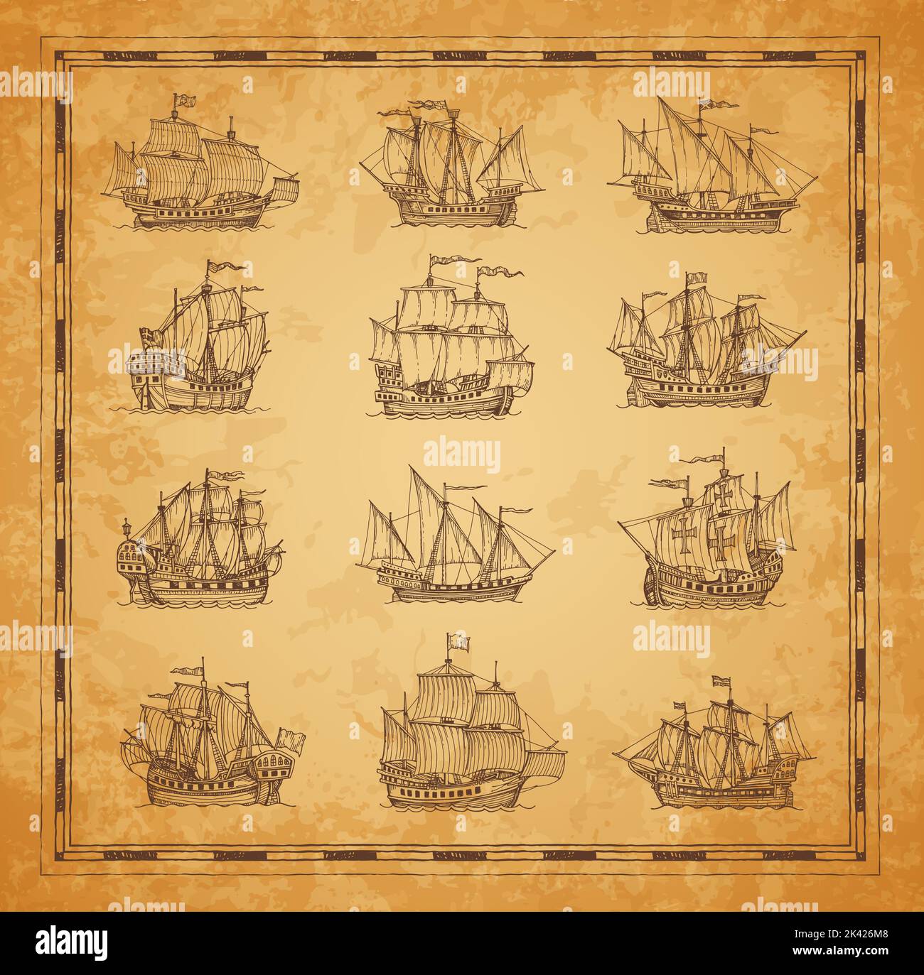 Sail ship, sailboat and brigantine sketch on vintage map, vector grunge ...