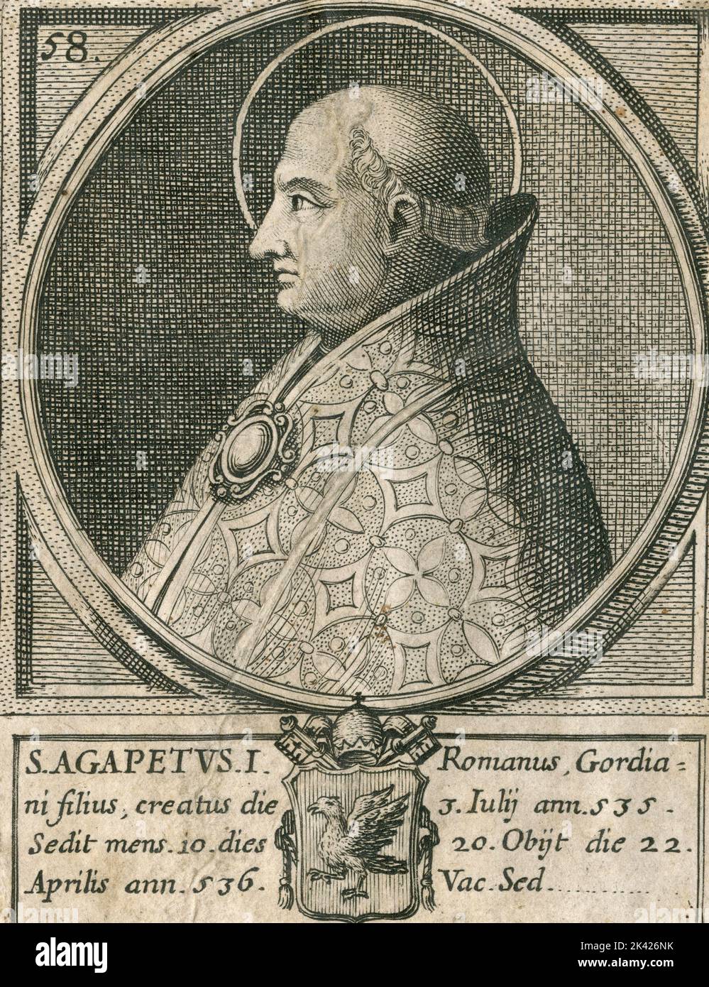 Portrait of Pope St. Agapetus I, engraving from the Summorum Romanorum ...