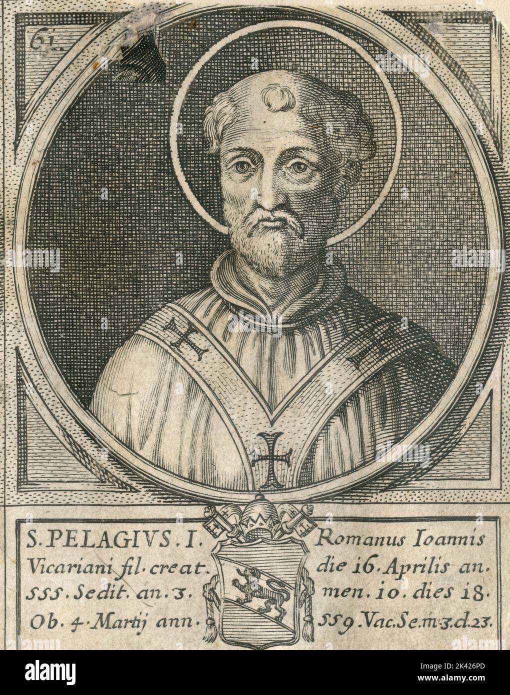 Portrait of Pope St. Pelagius I, engraving from the Summorum Romanorum ...