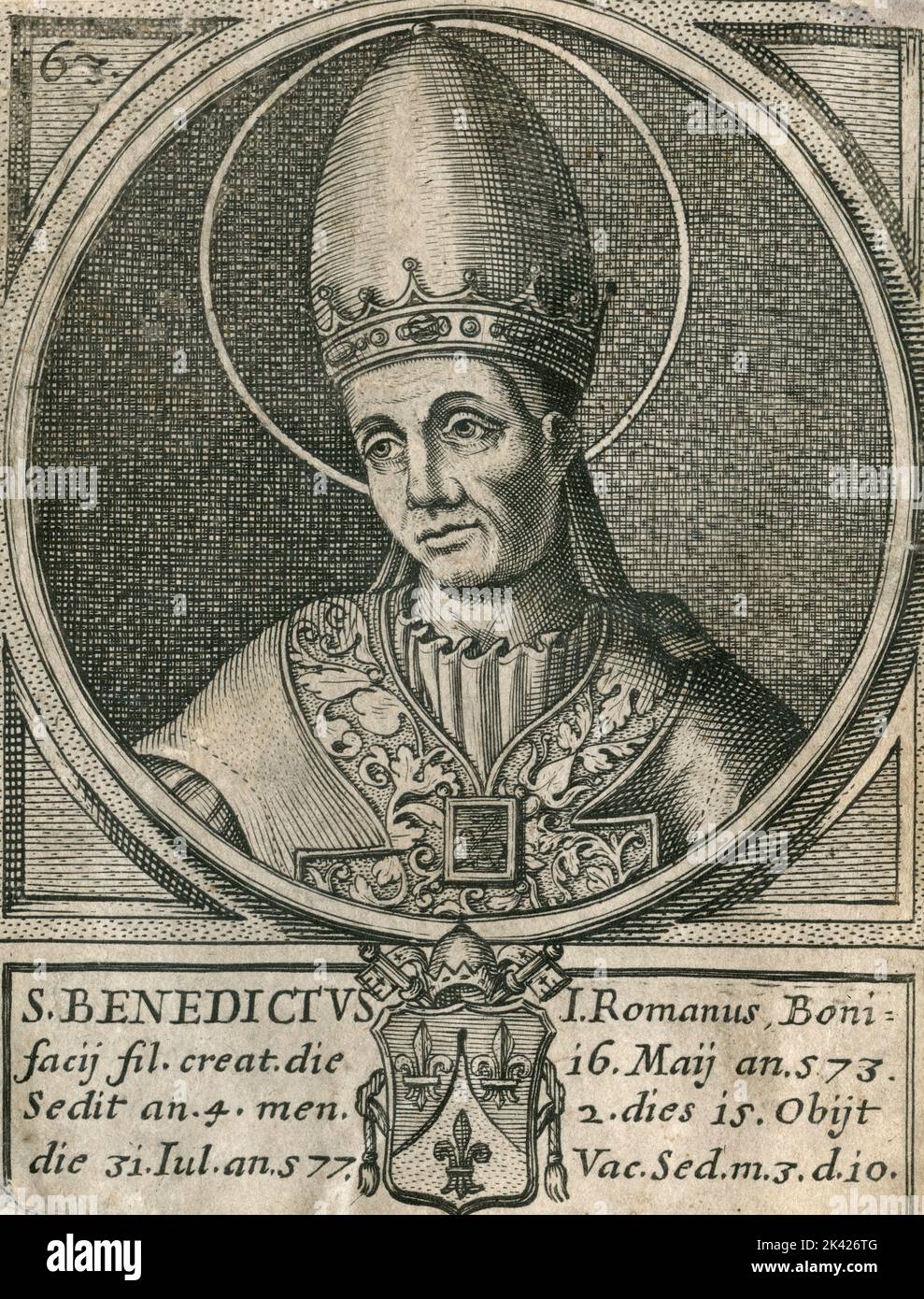 Portrait of Pope St. Benedictus I, engraving from the Summorum ...