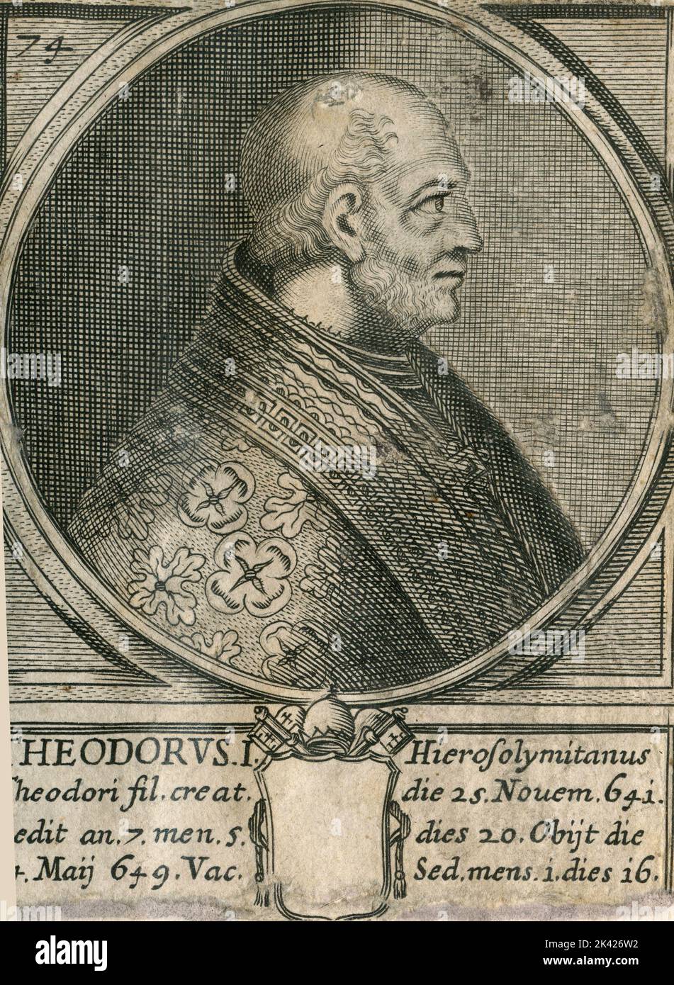 Portrait of Pope Theodorus I, engraving from the Summorum Romanorum ...