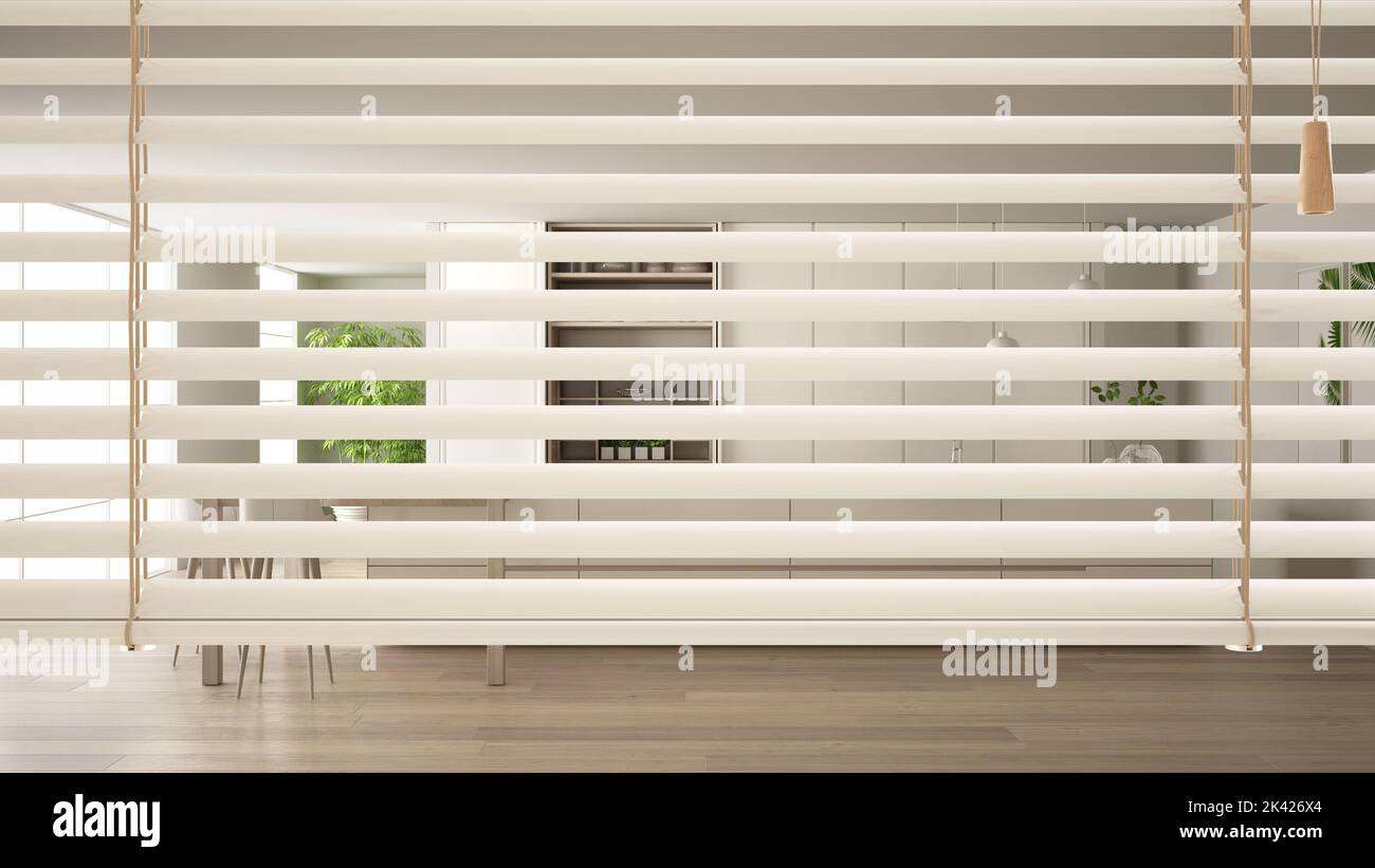 White venetian blinds close up view, over modern kitchen with cabinets ...