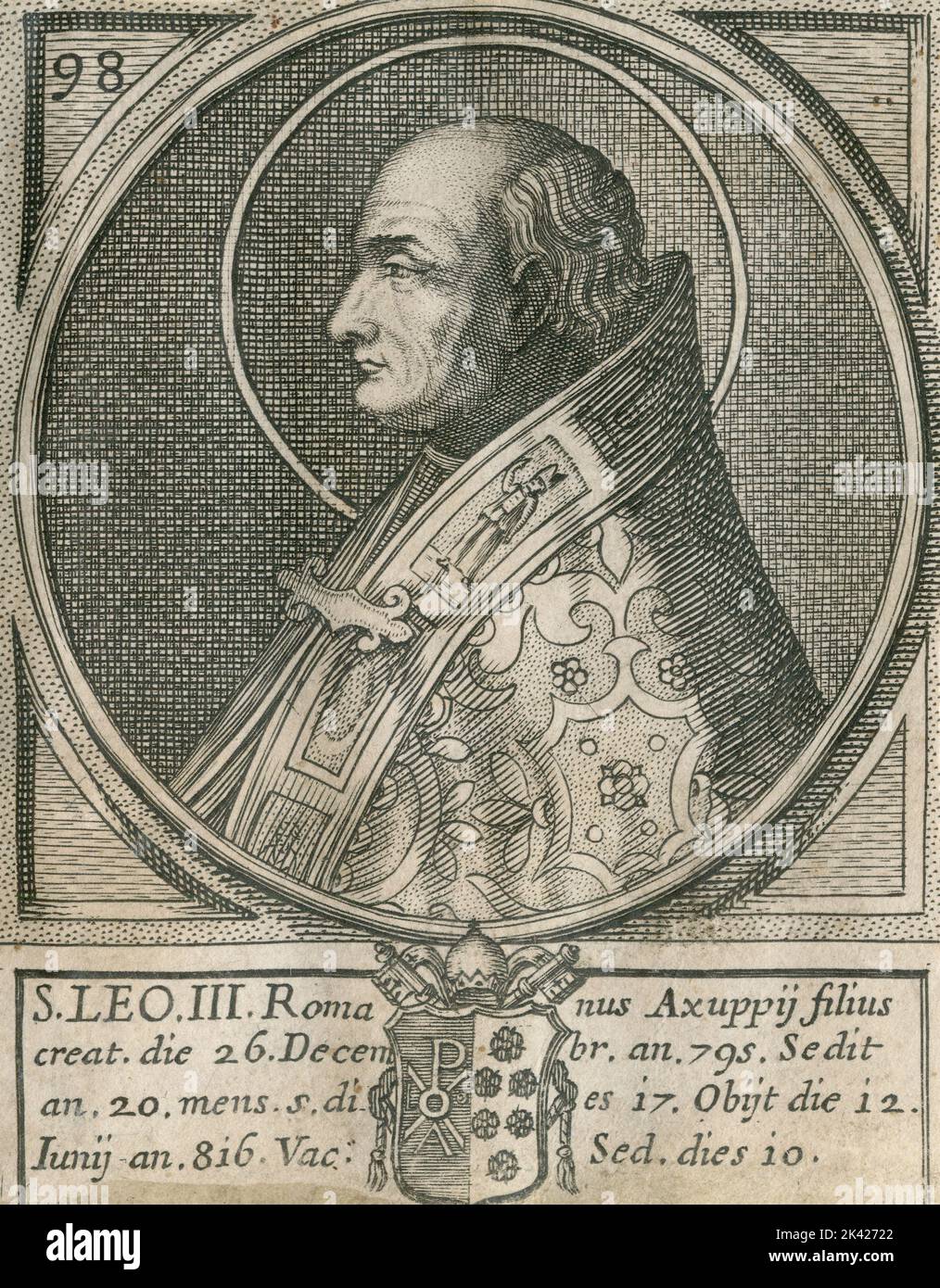Portrait of Pope St. Leo III, engraving from the Summorum Romanorum ...