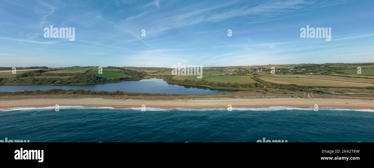 An aerial view of the magnificent beach at Slapton Sands in Devon, UK ...