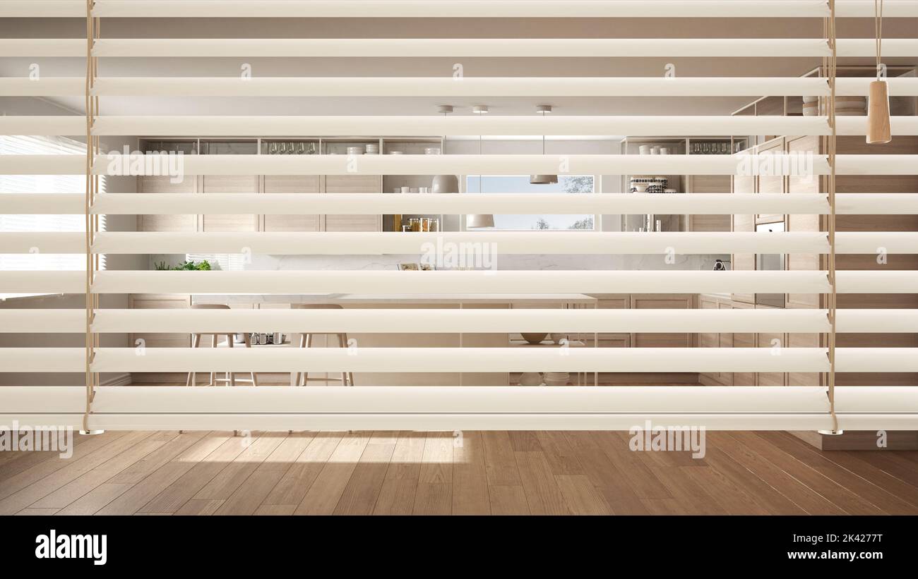 White venetian blinds close up view, over modern kitchen with cabinets ...