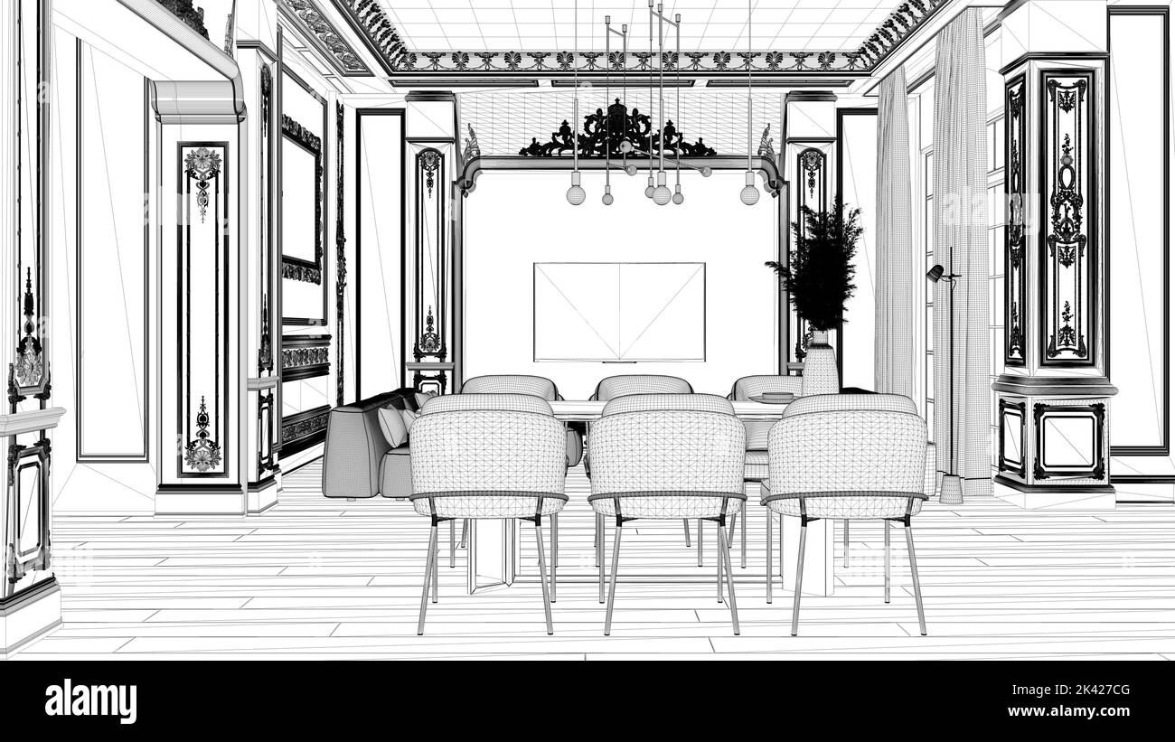 Blueprint project draft, modern furniture in classic apartment, living ...