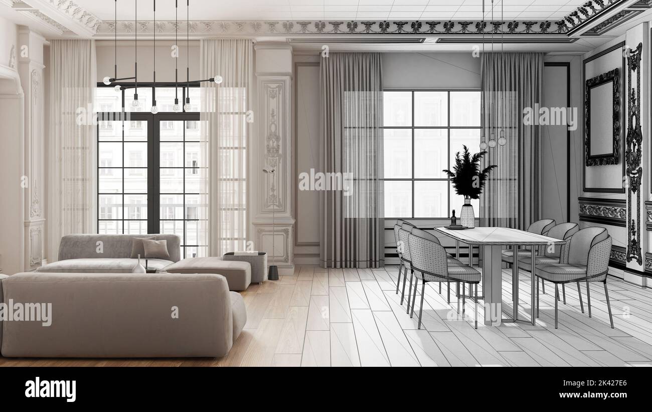 Architect interior designer concept: hand-drawn draft unfinished ...
