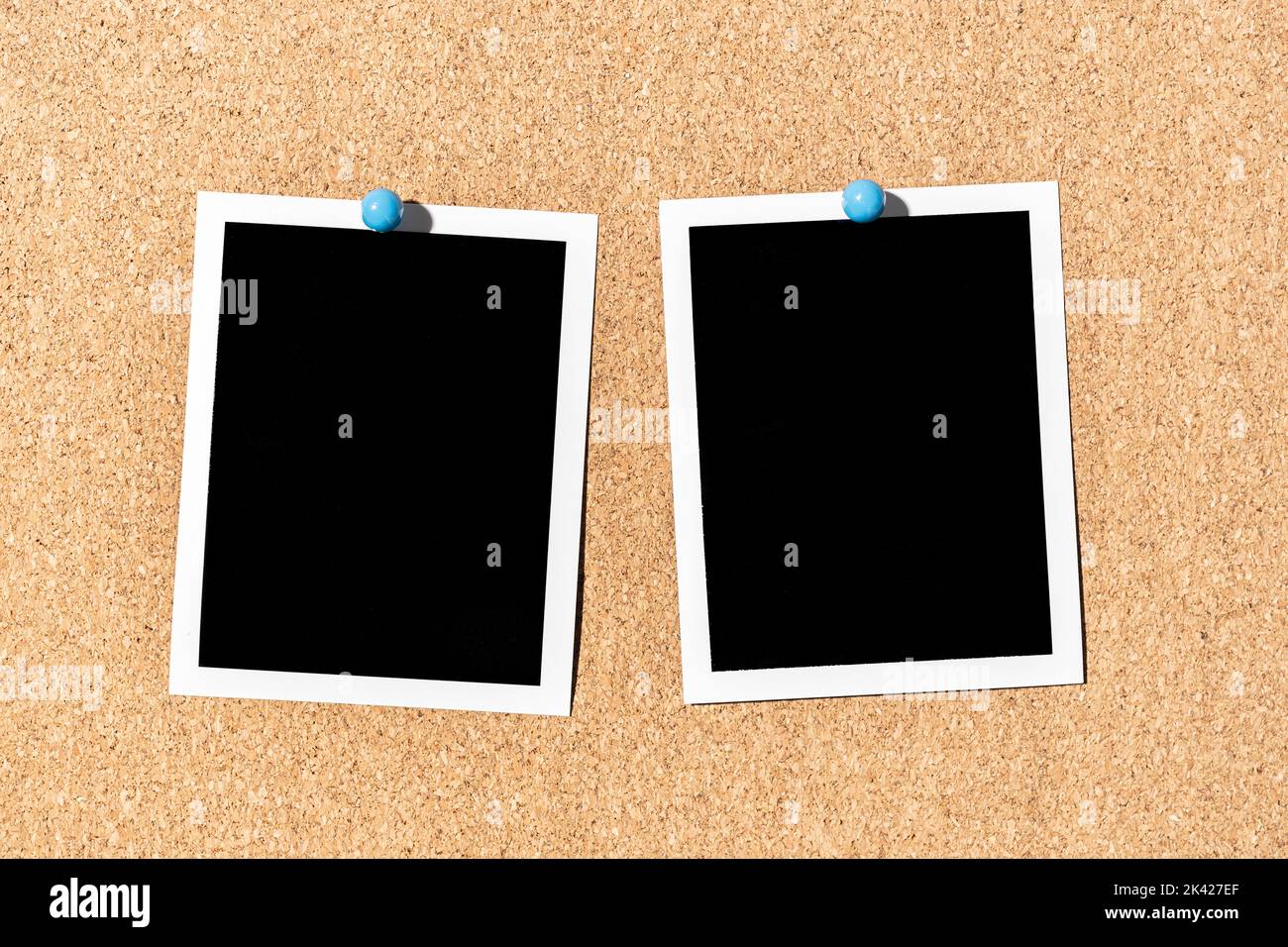 Two Blank Vintage instant photo frame pinned on corkboard. Template ...