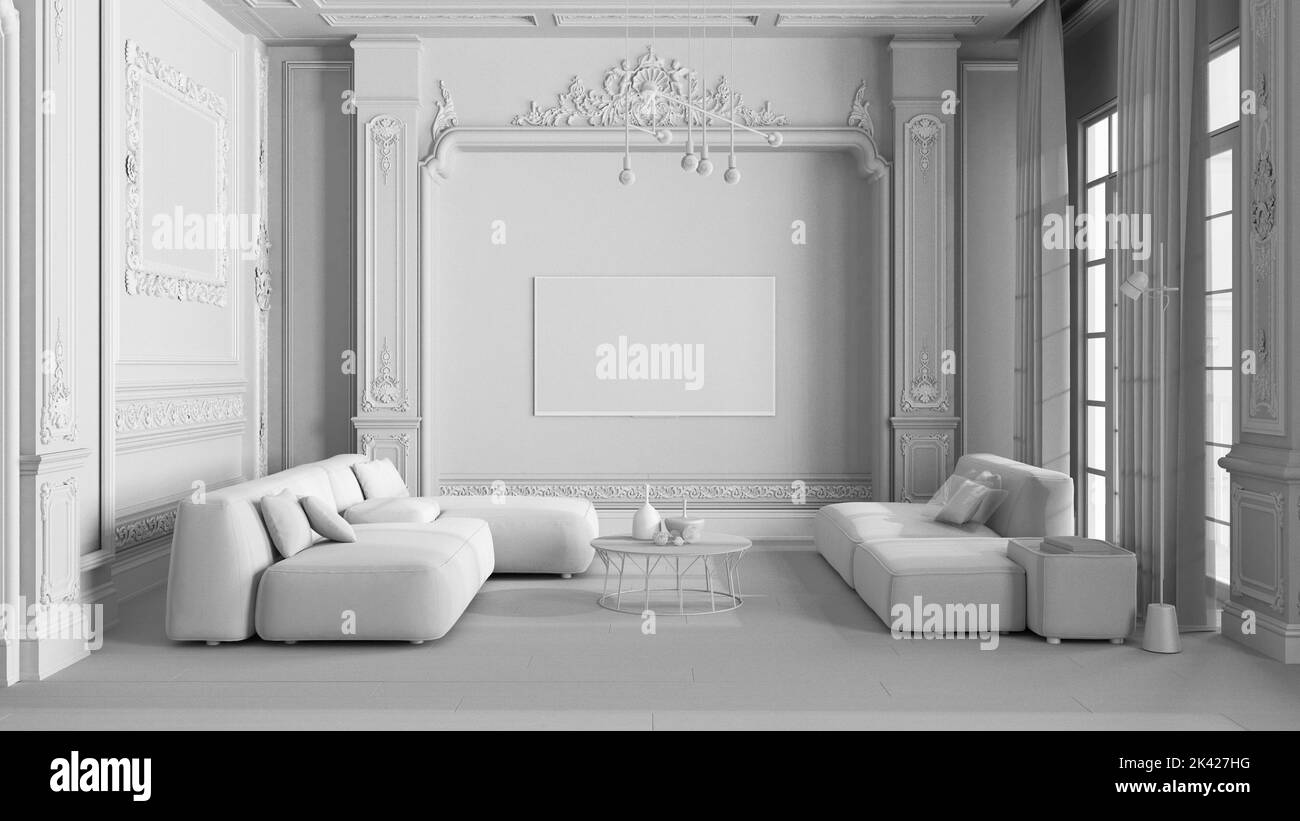 Total white project draft, modern furniture in classic apartment ...