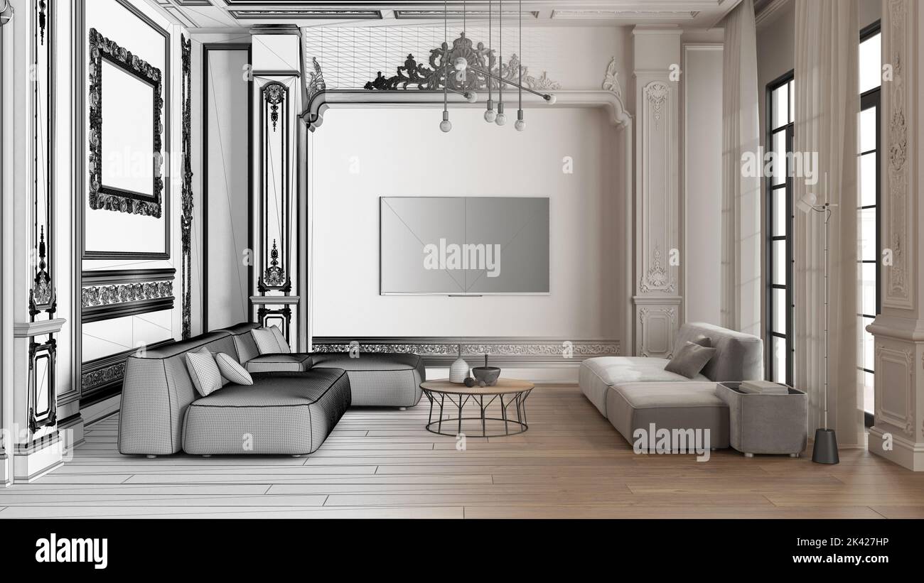 Architect interior designer concept: hand-drawn draft unfinished ...