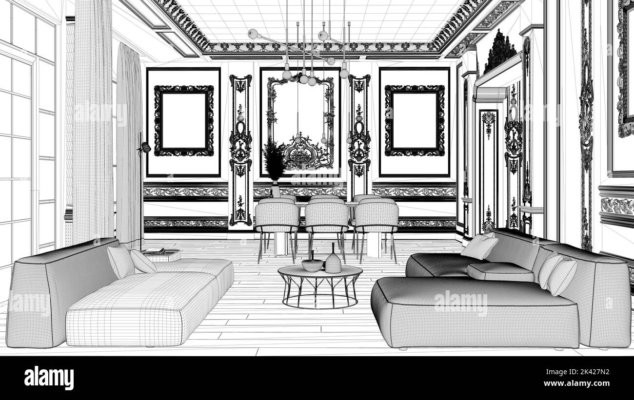 Blueprint project draft, minimalist furniture in classic apartment ...