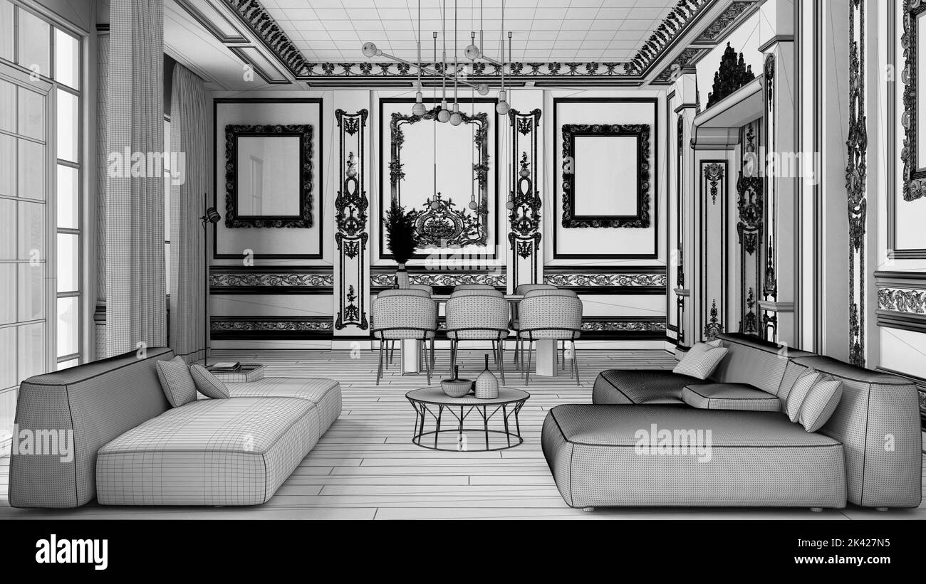 Unfinished project draft, minimalist furniture in classic apartment ...