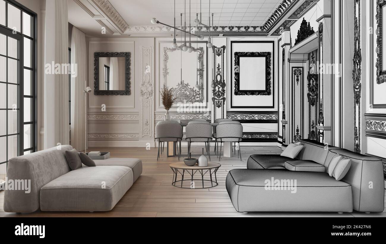 Architect interior designer concept: hand-drawn draft unfinished ...