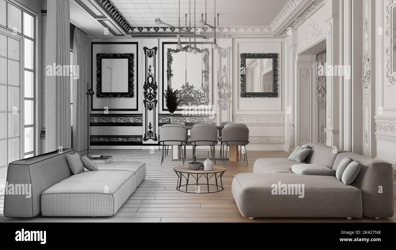 Architect interior designer concept: hand-drawn draft unfinished ...