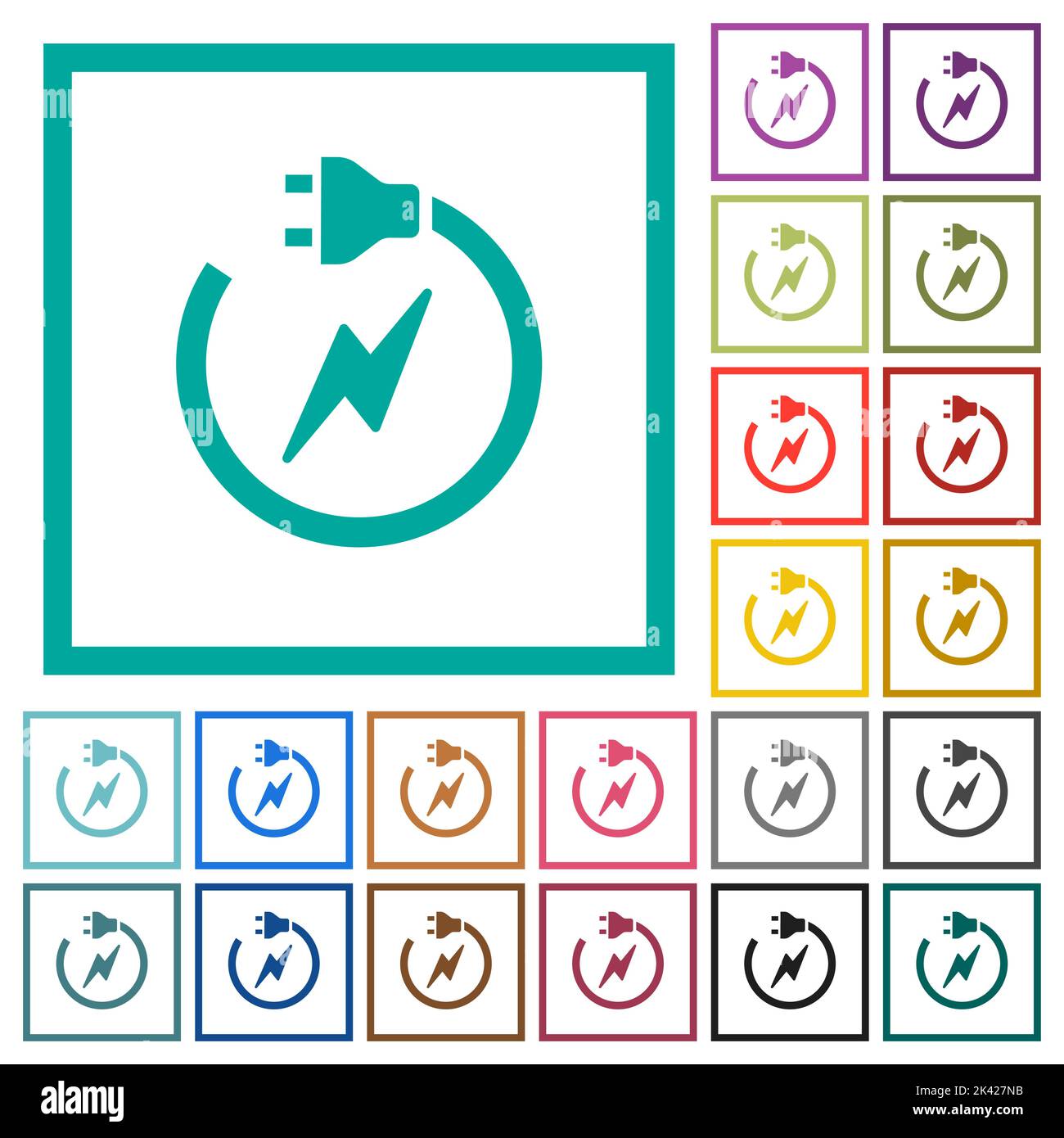 Electrical circuit with plug and cord flat color icons with quadrant frames on white background ...