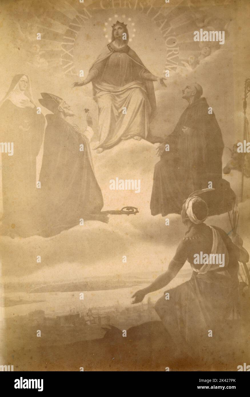 Jesus Christ enthroned with saints and a looking savage, painting by ...