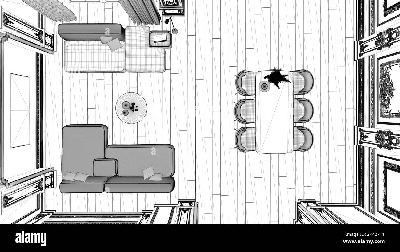 Blueprint project draft, modern furniture in classic apartment, living ...