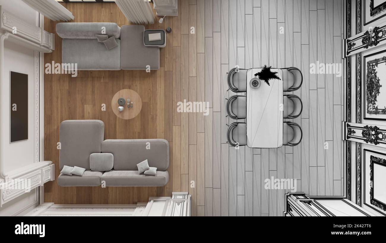 Architect interior designer concept: hand-drawn draft unfinished ...