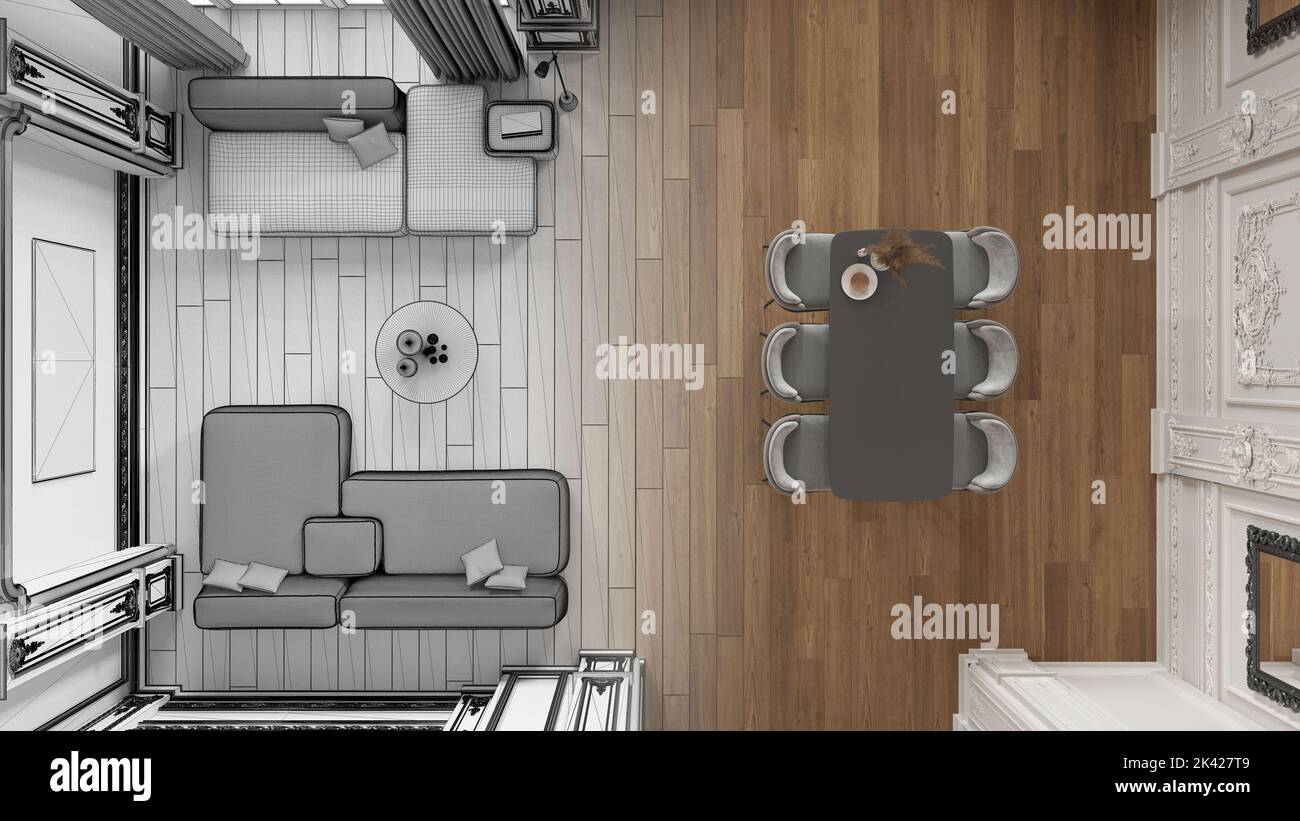 Architect interior designer concept: hand-drawn draft unfinished ...