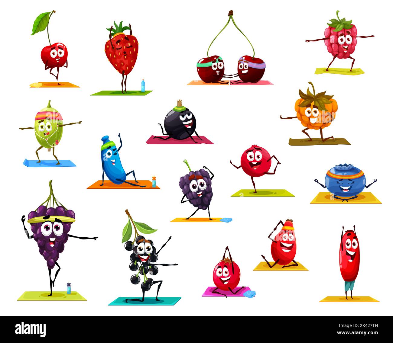 Cartoon berry fruits characters in yoga poses. Funny cherry, strawberry ...