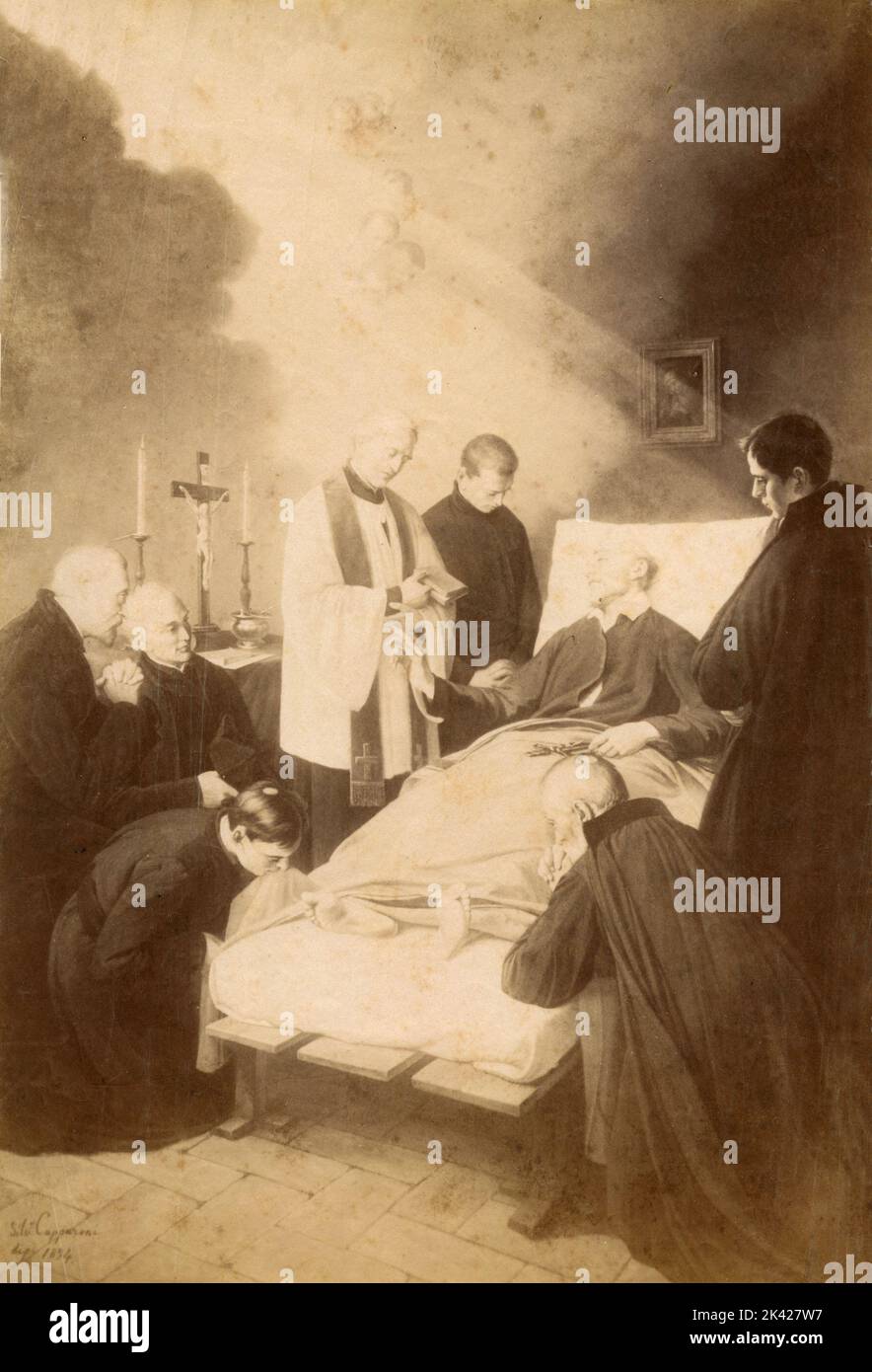 Priest giving the last rite to a priest in his dying bed with the ...