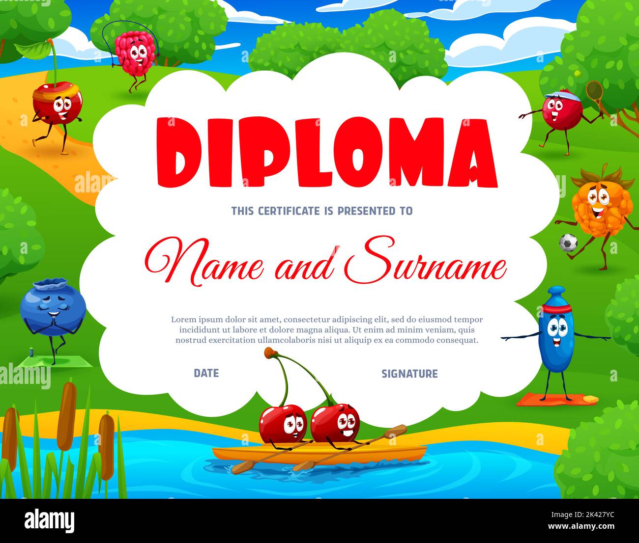 Kids diploma, cartoon cheerful berry characters on summer lake ...