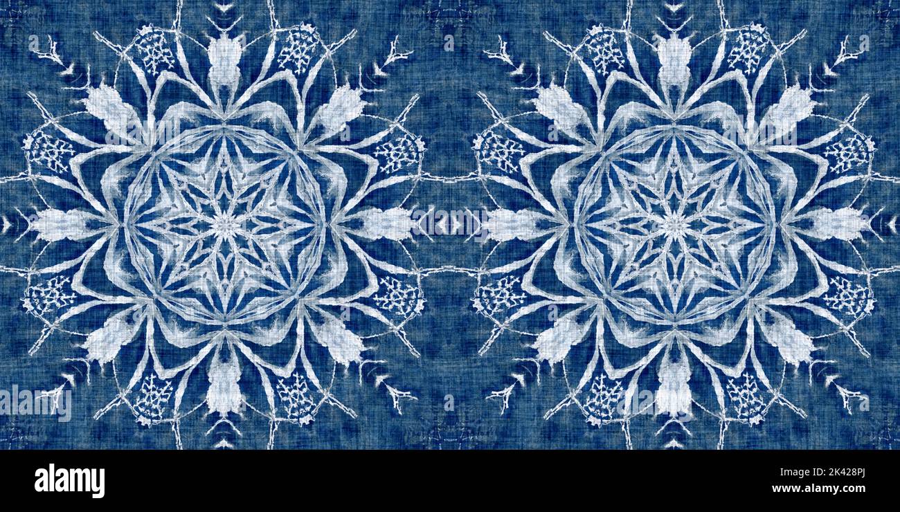 Indigo blue snow flake border background. Frosty batik painterly effect ...