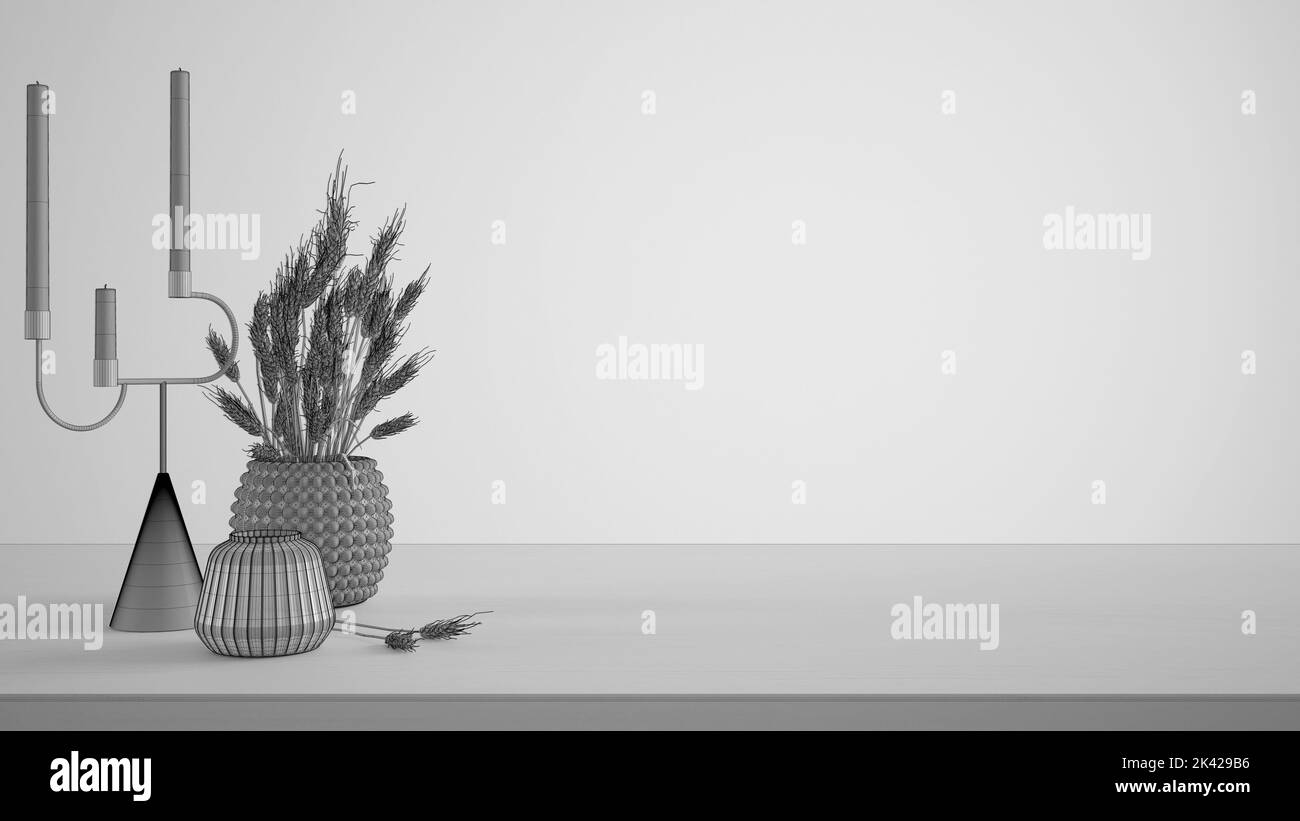 Unfinished project draft, empty interior design concept, wooden table ...