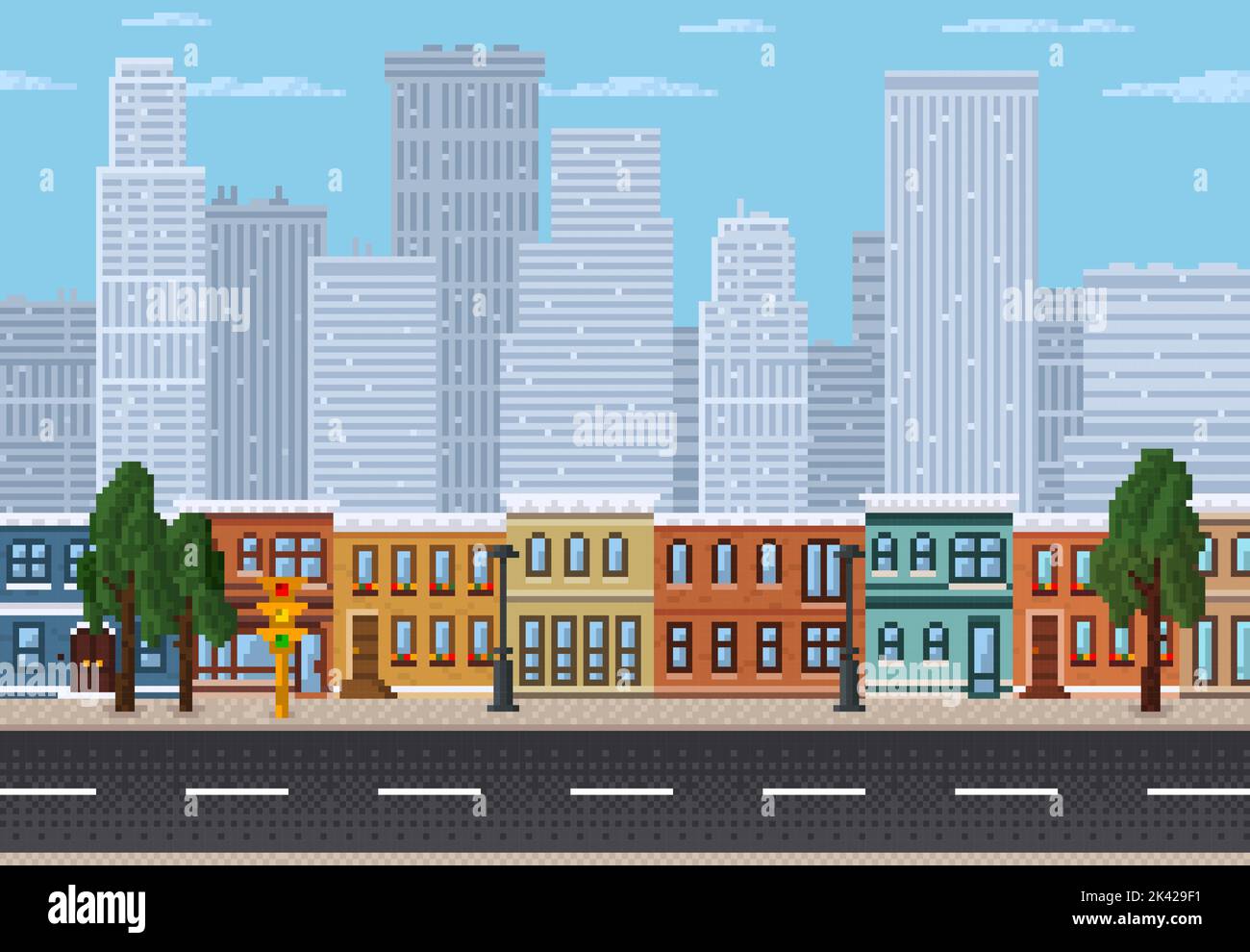 Pixel cityscape, 8 bit pixel art game level landscape. Vector downtown ...