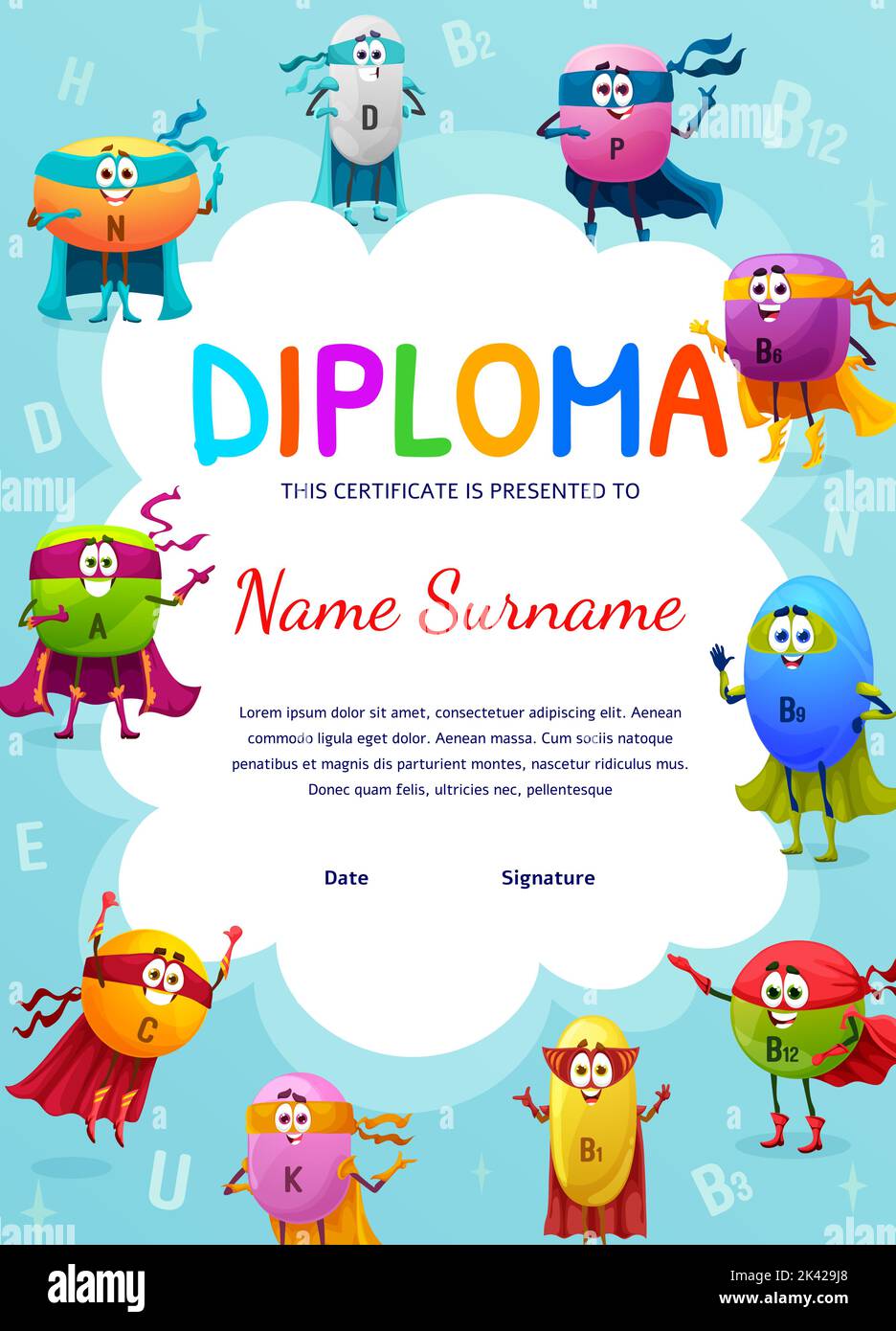 Kids diploma, cartoon vitamin superhero characters, vector award ...