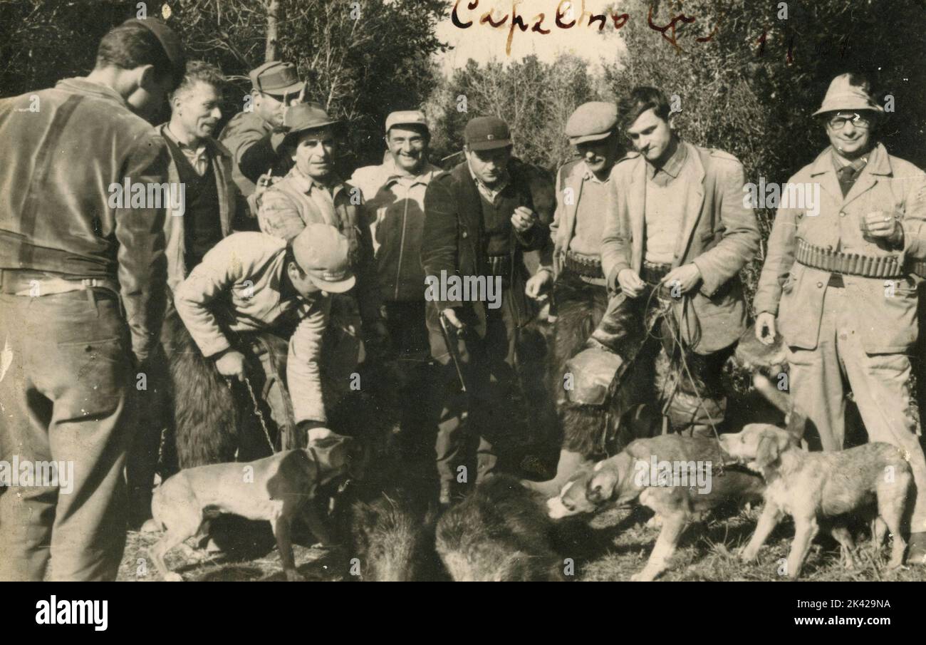 Group of hunters and dogs with two wild boars, Capalbio, Italy 1961 ...