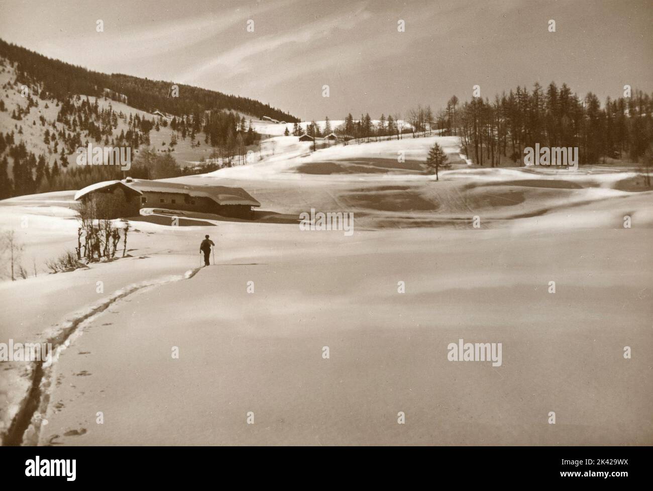 View of Plan Pra and houses of Pila in the Alps mountains, Italy 1930s ...