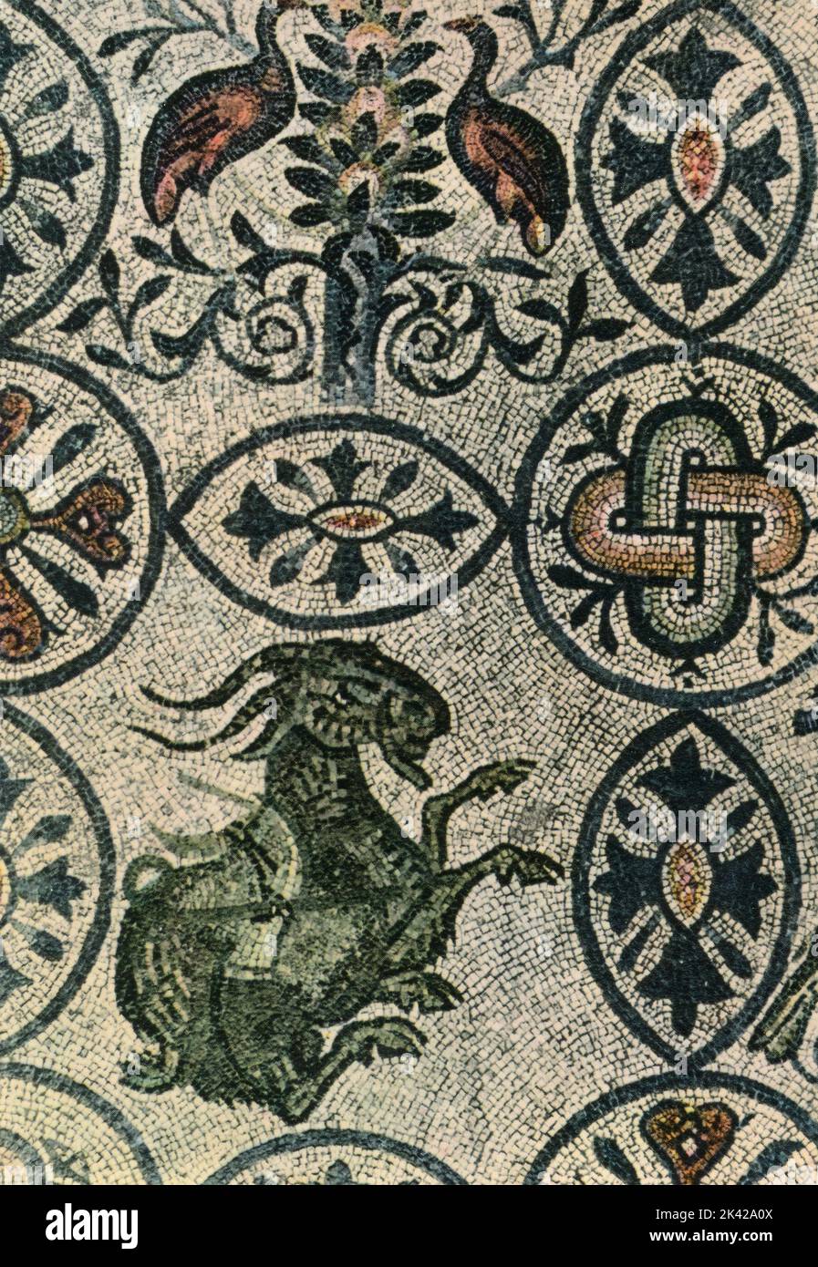 Saddled goat, mosaic at the Crypt of excavation of the church, Aquileia ...