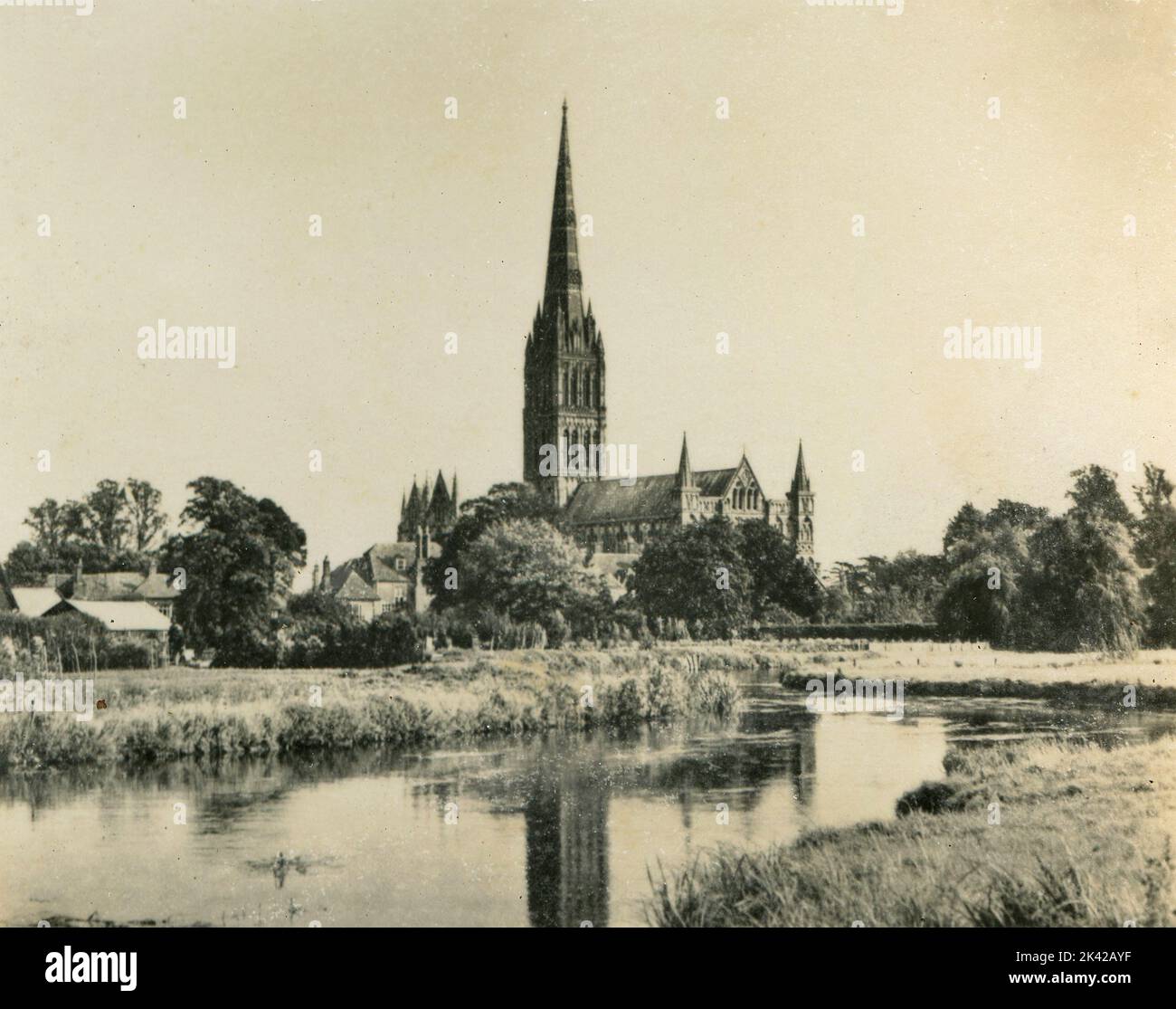View of Salisbury Cathedral from Longbridge, Salisbury, UK 1930s Stock ...