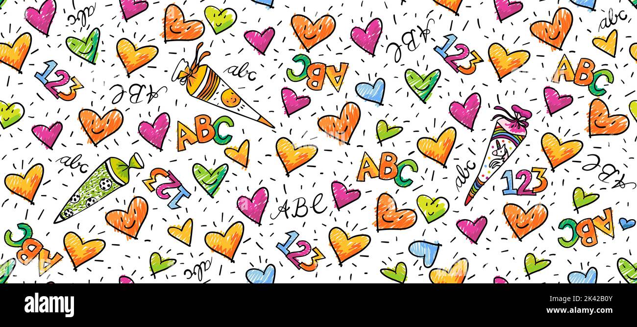 Seamless decorative birthday or school pattern - happy hearts with ...