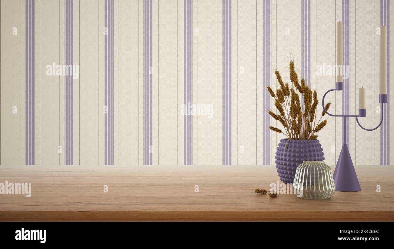 Empty interior design concept, wooden table, desk or shelf close up in ...