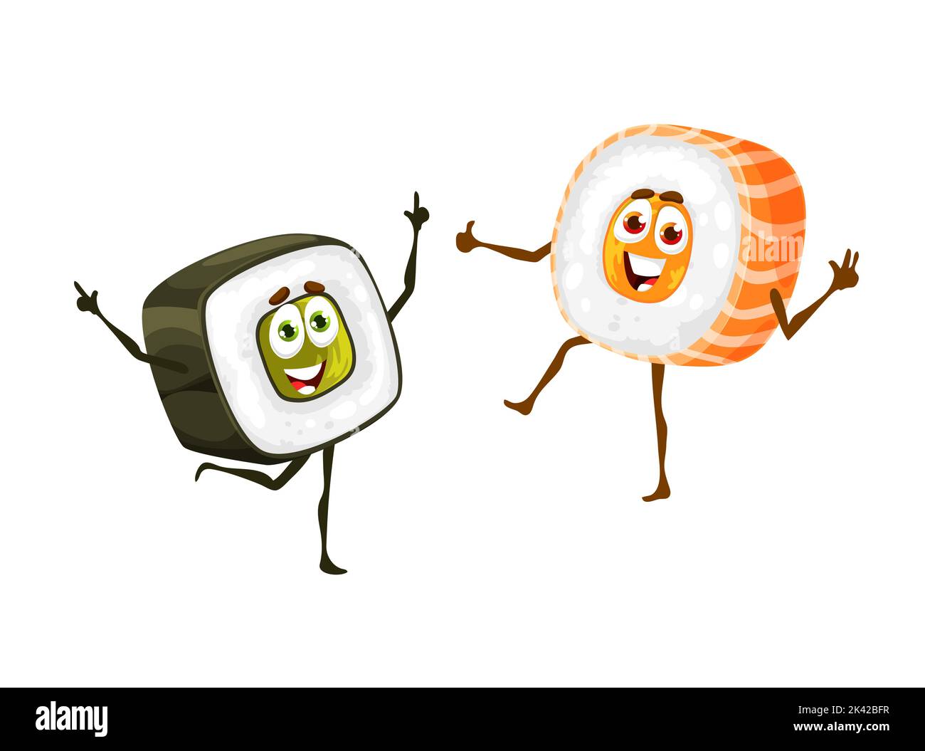 Cartoon dancing japanese roll characters. Isolated vector japan food ...