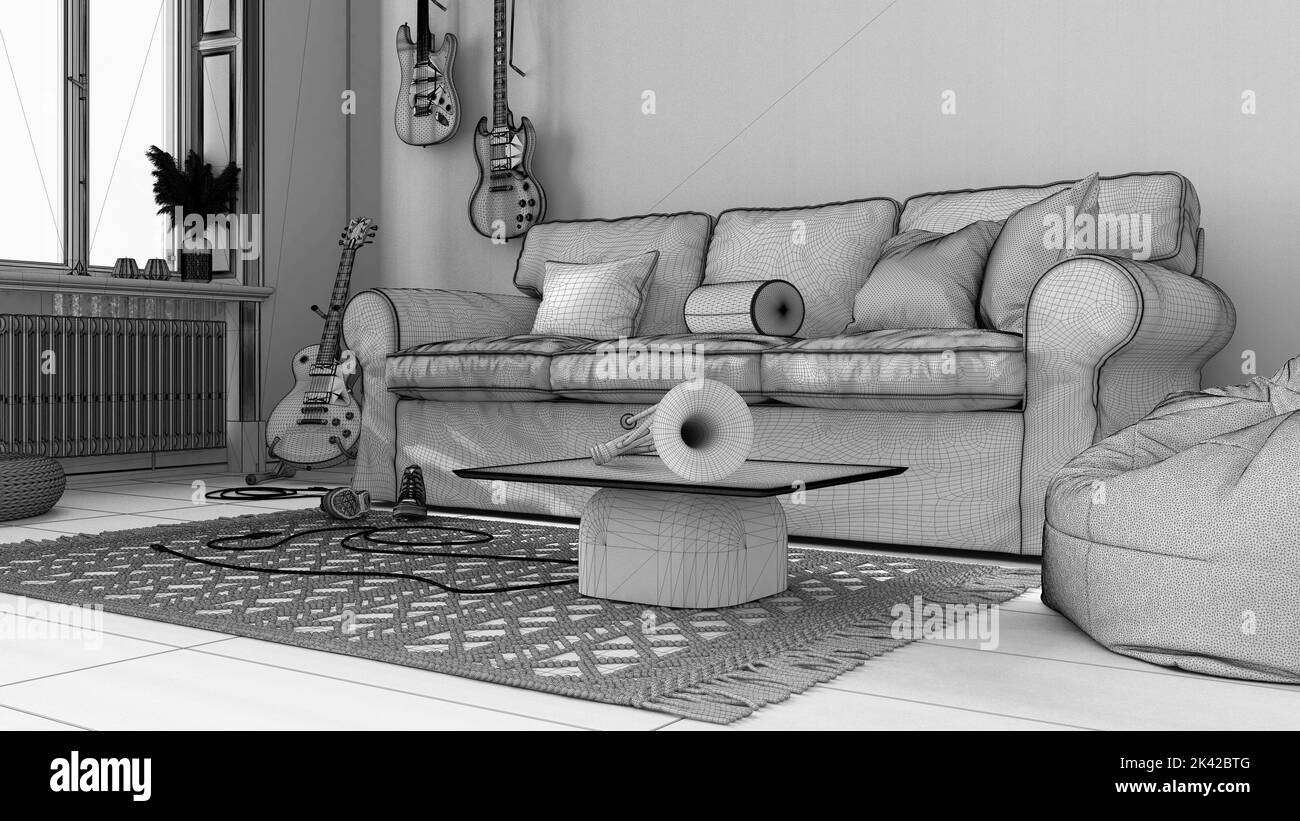 Unfinished project draft, cozy living room, striped wallpaper, sofa and ...