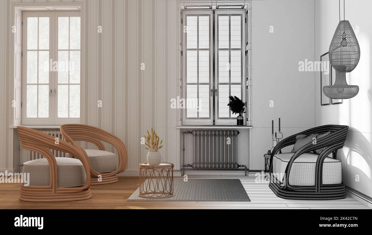 Architect interior designer concept: hand-drawn draft unfinished ...