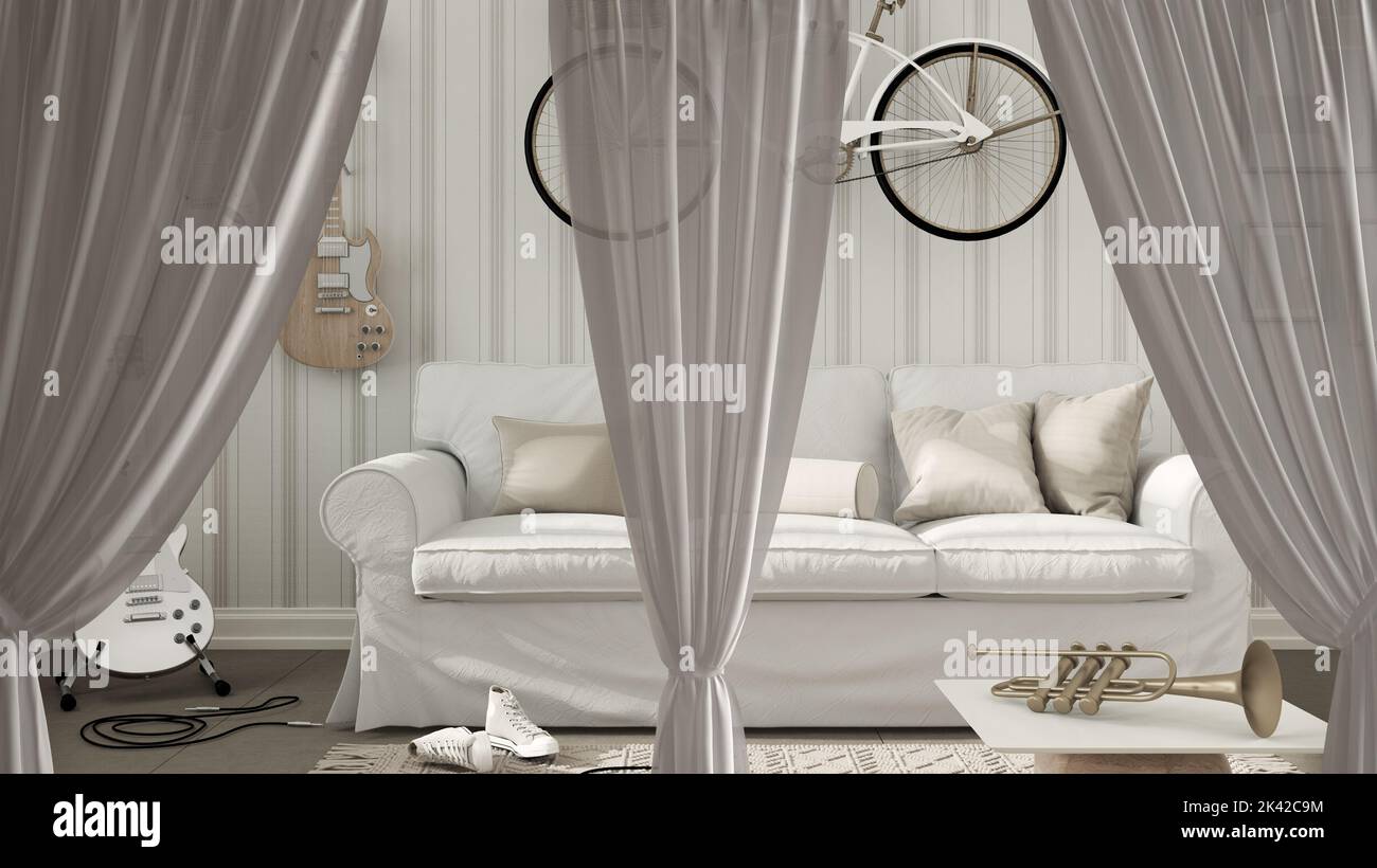 White openings curtains overlay classic living room, interior design ...