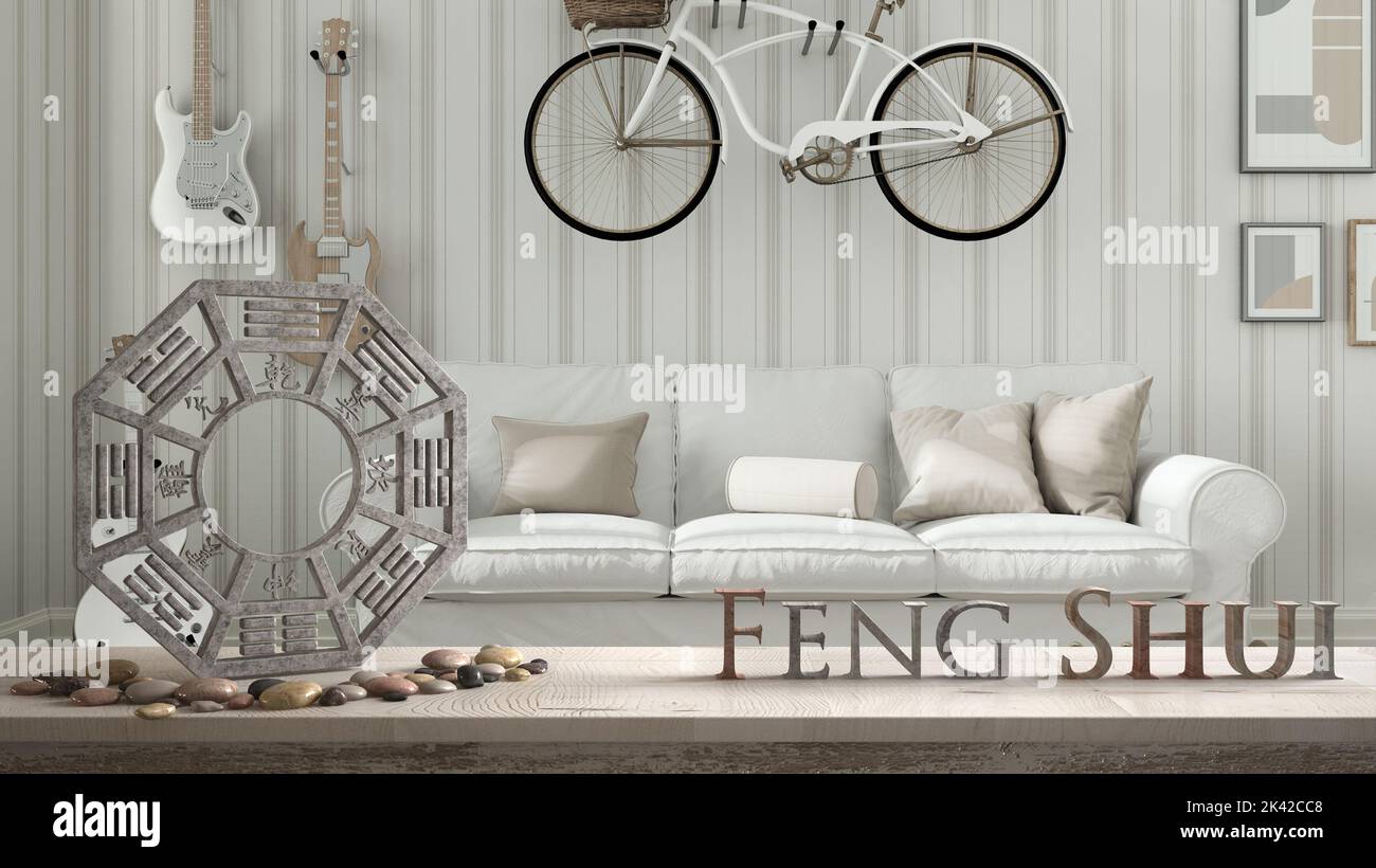 Wooden vintage table shelf with ba gua and 3d letters making the word ...