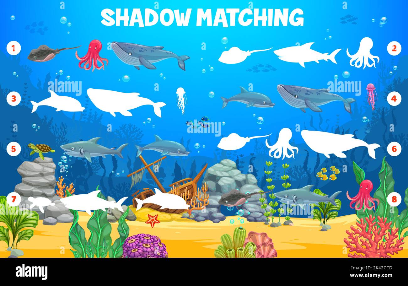 Underwater landscape with sea animals, shadow match game worksheet ...