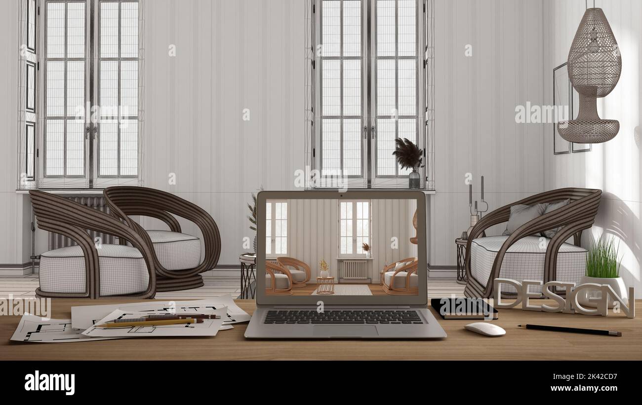 Architect designer desktop concept, laptop on wooden work desk with ...
