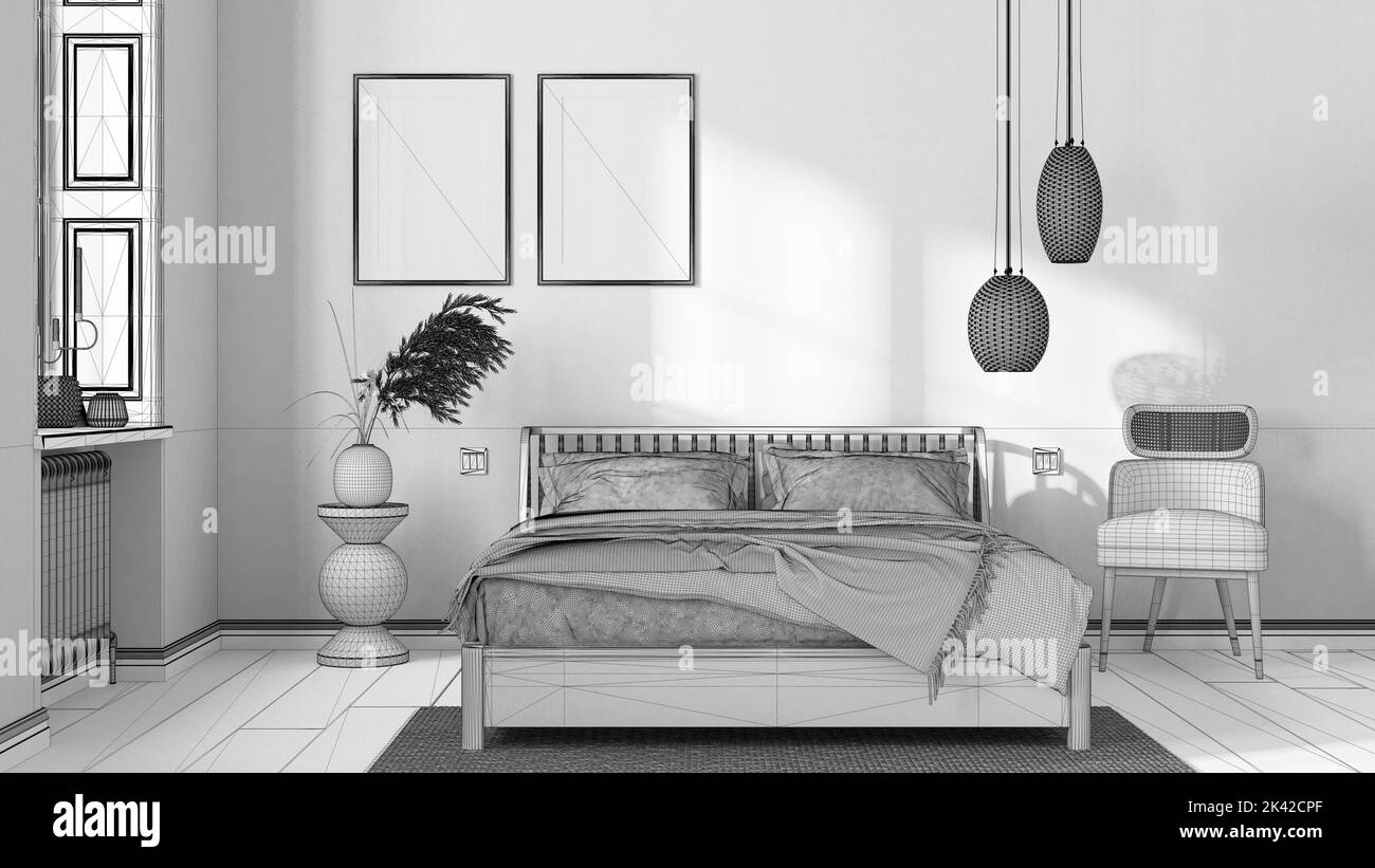 Blueprint unfinished project draft, scandinavian wooden bedroom, frame ...