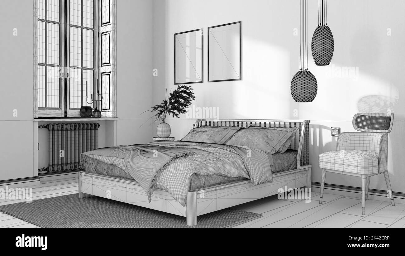 Blueprint unfinished project draft, scandinavian wooden bedroom, frame ...
