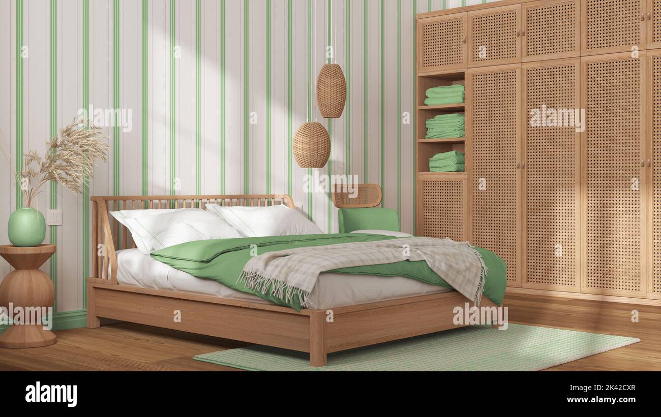 Scandinavian wooden bedroom in white and green tones, double bed with ...