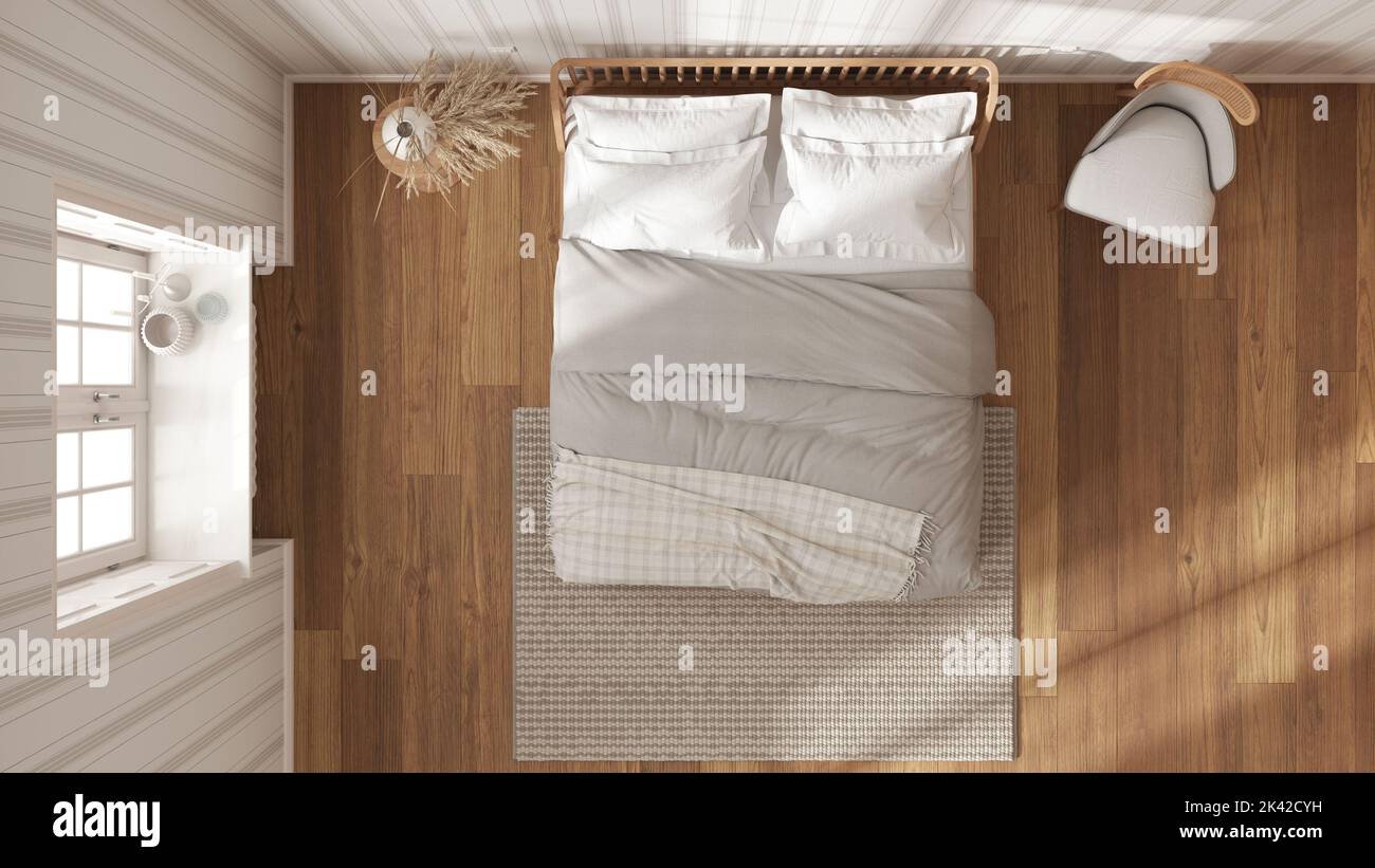 Scandinavian wooden bedroom in white and beige tones, double bed with ...