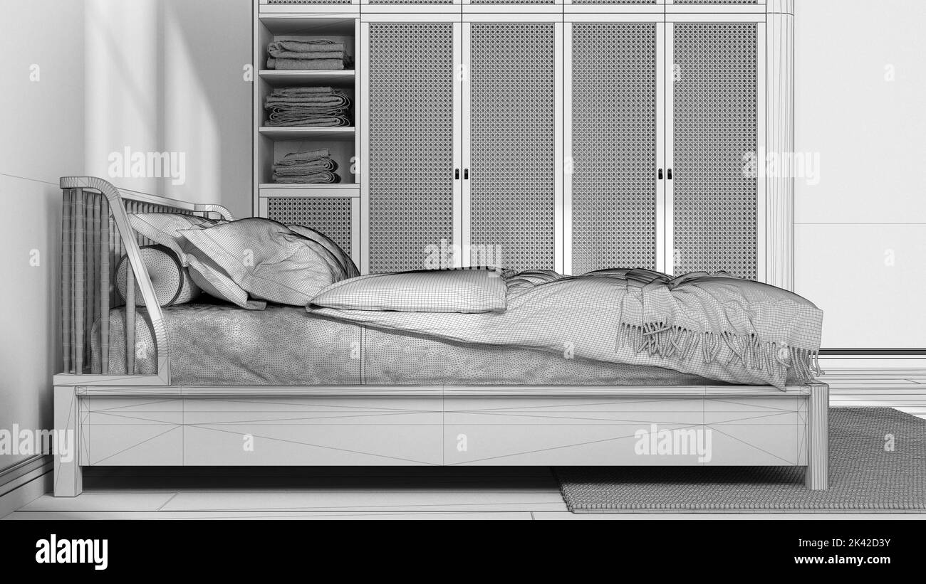 Blueprint unfinished project draft, scandinavian wooden bedroom, double ...